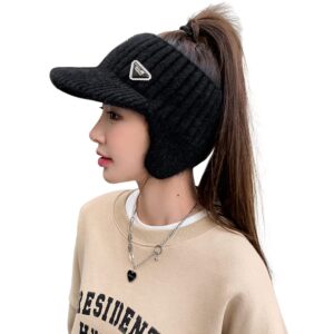 yusstar open beanie with earflaps visor brim bun ponytail winter golf tennis hats women (black)