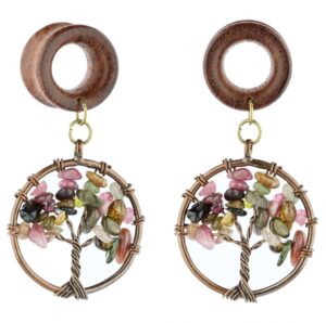 0g 8mm multicolor tourmaline tree of life wood dangle ear gauges piercing flesh tunnels plugs stretching kit expander