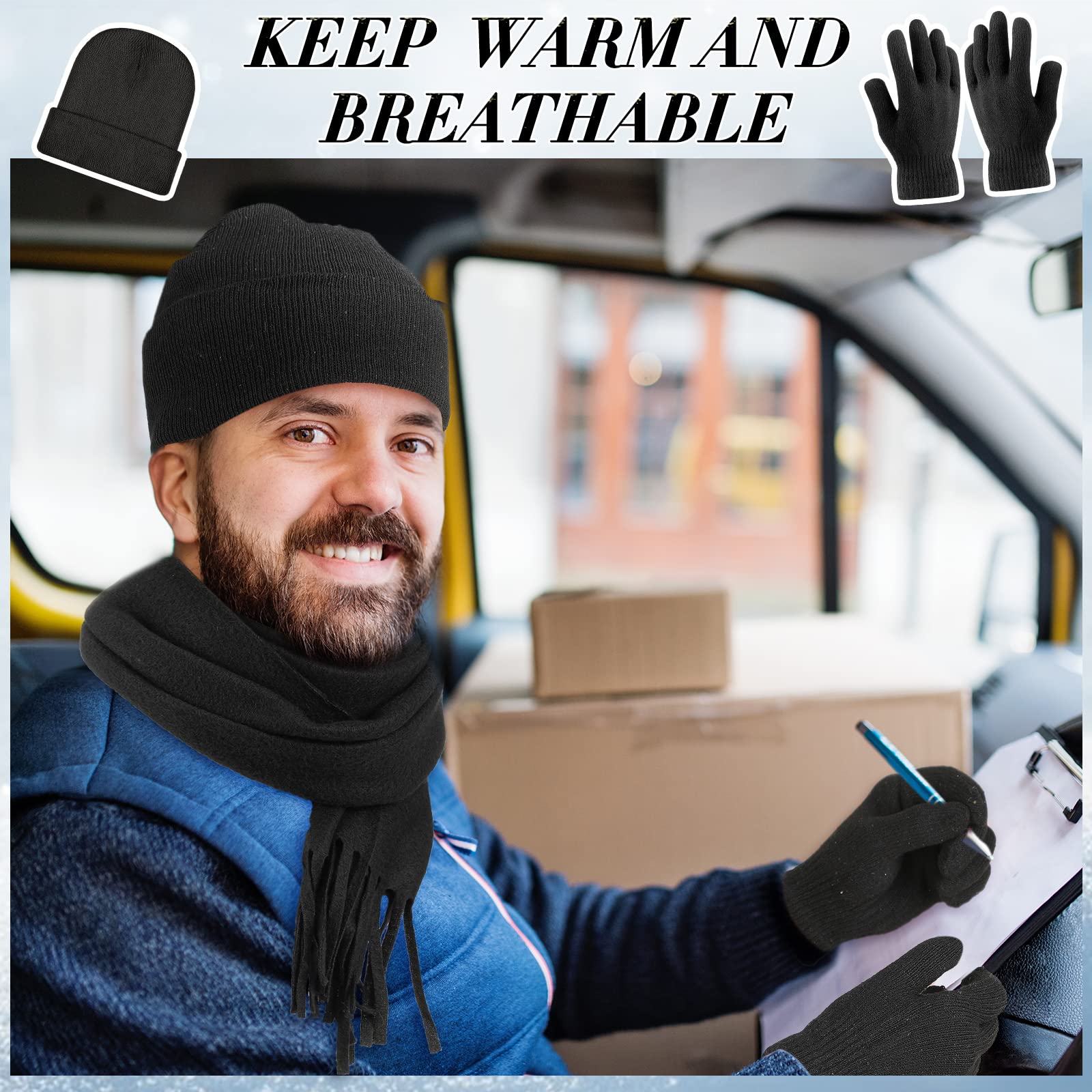 Unittype 300 Pcs Winter Beanies Gloves Scarf Set Bulk 100 Knit Skull Cap 100 Pair Winter Gloves 100 Neck Warmer for Men Women (Black)