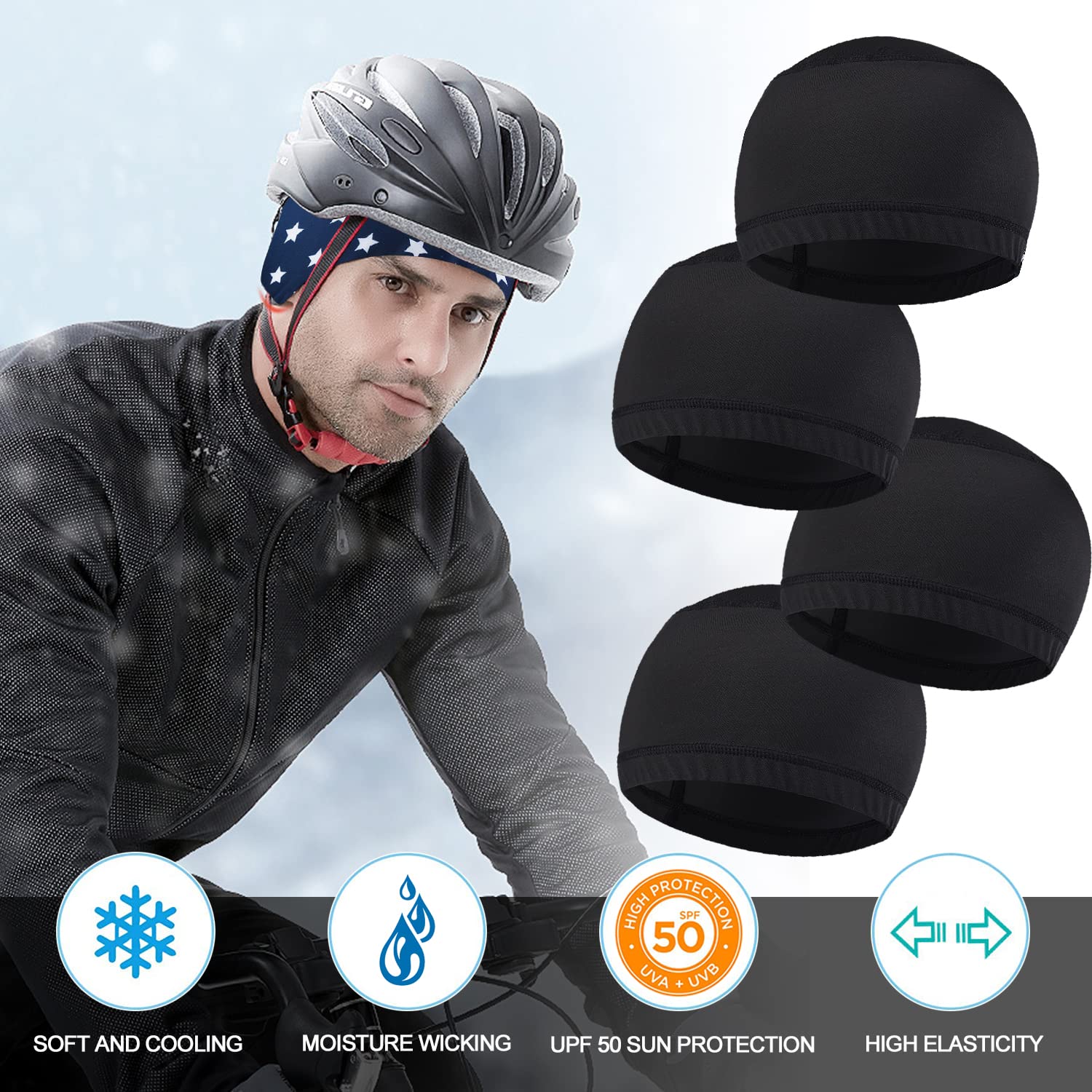 4Pcs Men Cooling Skull Cap Helmet Liner, Sweat Wicking Beanie Head Wrap Bicycle Hard Hat Motorcycle Football Cycling Running Hats Caps Women