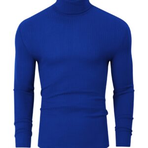 TURETRENDY Men's Stretch Muscle Tshirts Turtleneck Long Sleeve Knit Tees Casual Slim Fit Basic Shirt Tops Royal Blue 2XL