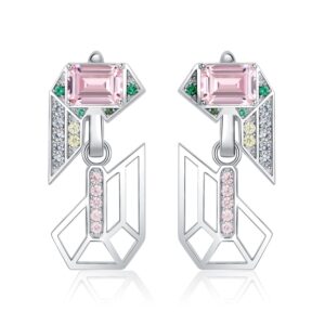 jewelrypalace emerald cut 6.3ct pink cubic zirconia dangle earrings for women, openable geometric 925 sterling silver 14k gold plated earrings for her, art deco gemstones jewelry sets for women