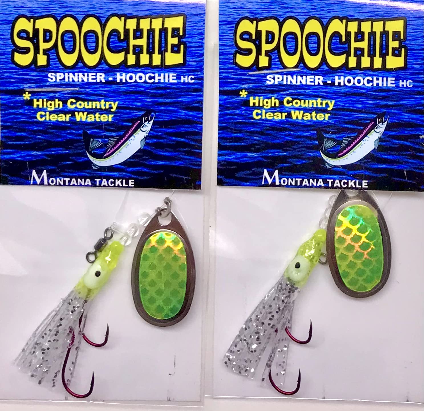 Montana Tackle Kokanee Salmon Spinner-Hoochies (2): uv “Green Flasher”