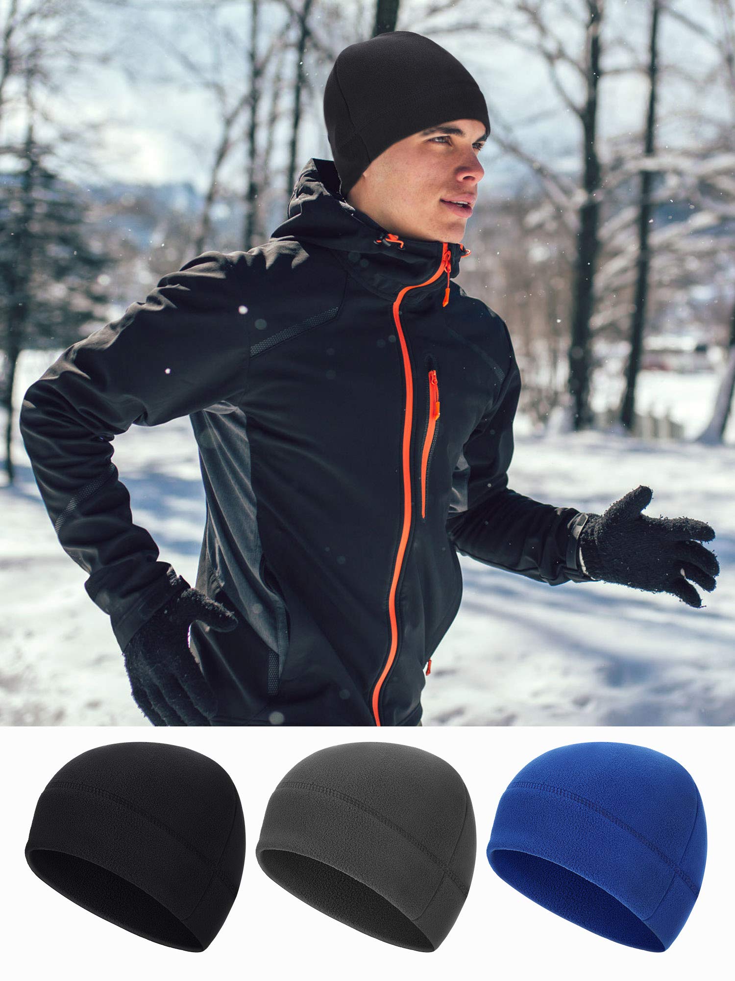 3 Pieces Winter Warm Skull Cap Soft Polar Fleece Beanie Hat Thick Windproof Watch Cap Skiing Outdoor Cap for Men Women (Royal Blue, Black, Gray, Plus Size)