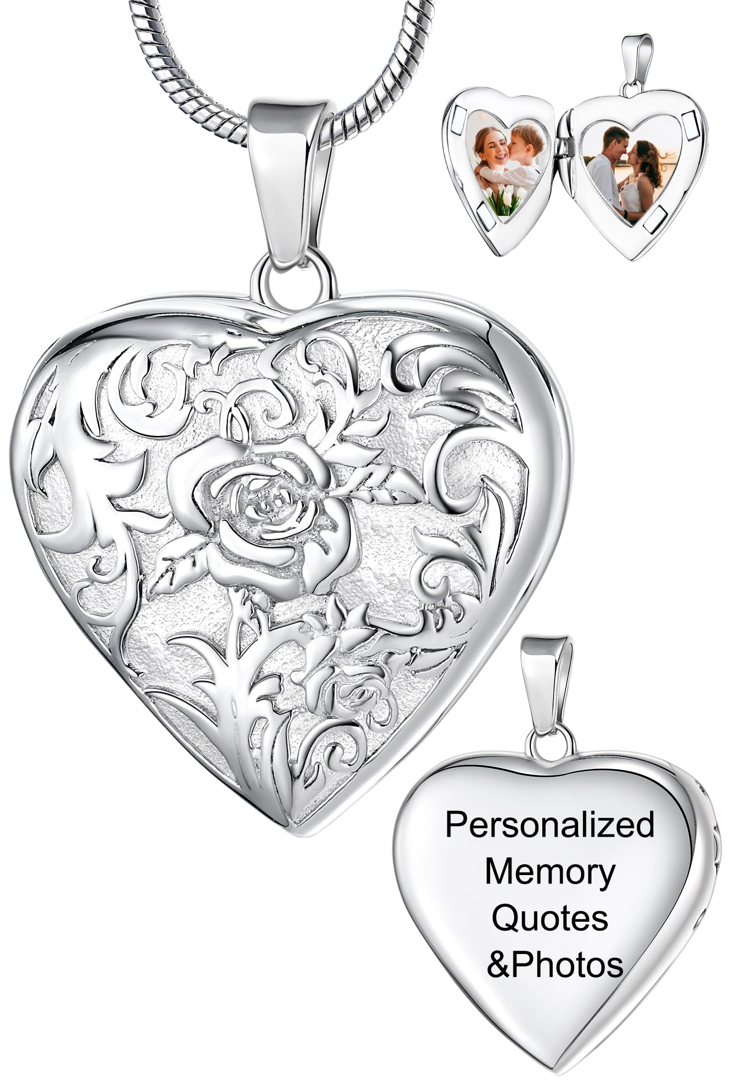 Fanery Sue Vintage Locket Necklace that Holds Pictures, Customized Picture Lockets Personalized Heart Locket with Picture Inside -Locket Necklace for Women (Silver Rose Locket)