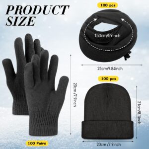 Unittype 300 Pcs Winter Beanies Gloves Scarf Set Bulk 100 Knit Skull Cap 100 Pair Winter Gloves 100 Neck Warmer for Men Women (Black)