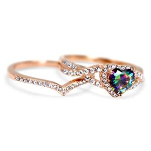 1 carat Simulated Black Mystic Topaz Heart CZ Wedding Ring Set for Women Size 10