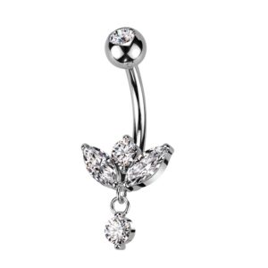 pierced owl 14ga 316l stainless steel cz crystal marquise with dangling gem belly button ring (silver tone)