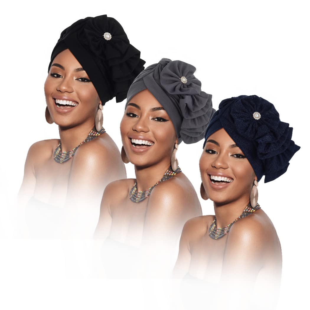 Urieo Women Turban Flower Cap African Headwrap Hat Elastic Beanie Head Warp Pack of 3