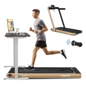 sporfit 2 in 1 folding treadmill, portable walking pad superfit treadmill under desk w/dual digital display, bluetooth speaker & remote control, electric walking jogging machine for home/office use