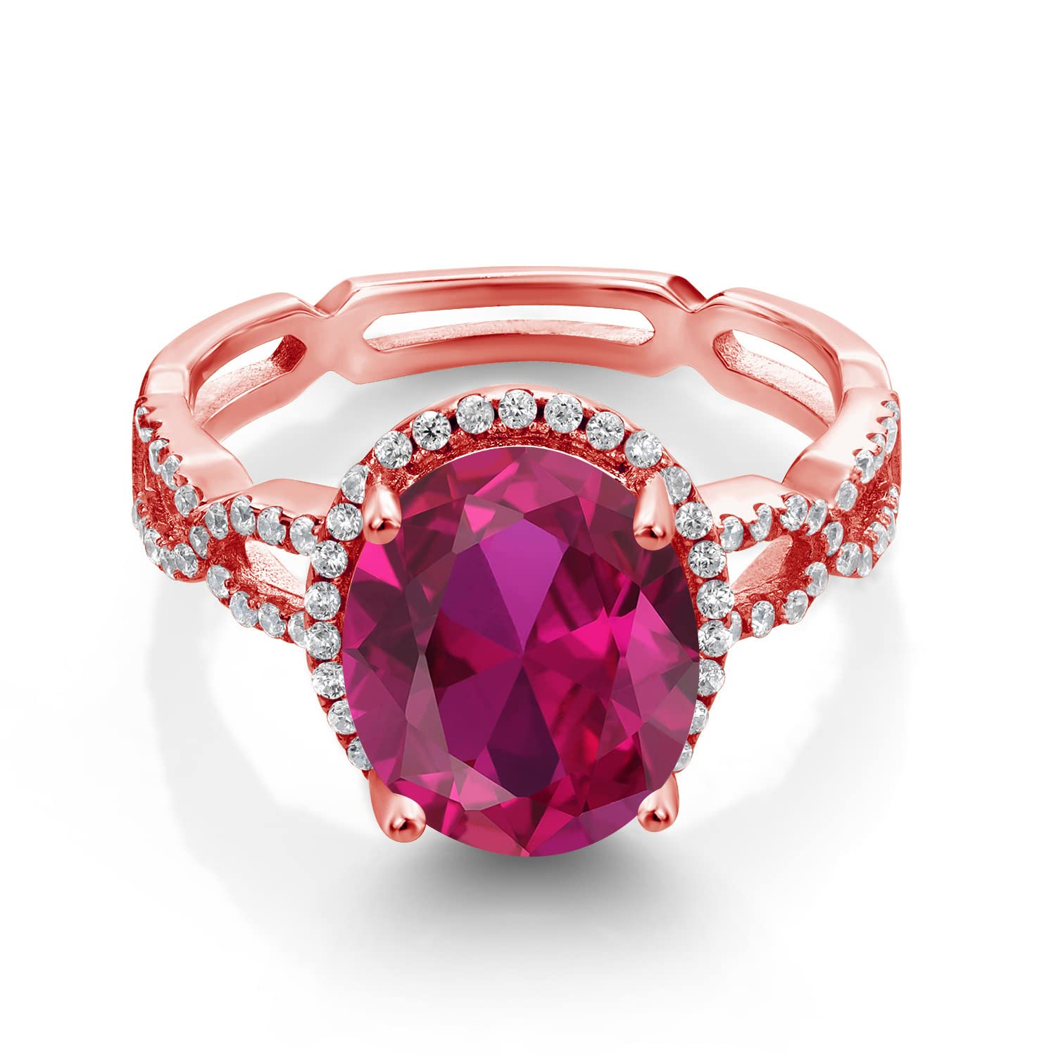 Gem Stone King 18K Rose Gold Plated Silver Red Created Ruby and White Created Sapphire Ring For Women (4.55 Cttw, Available In Size 5, 6, 7, 8, 9)