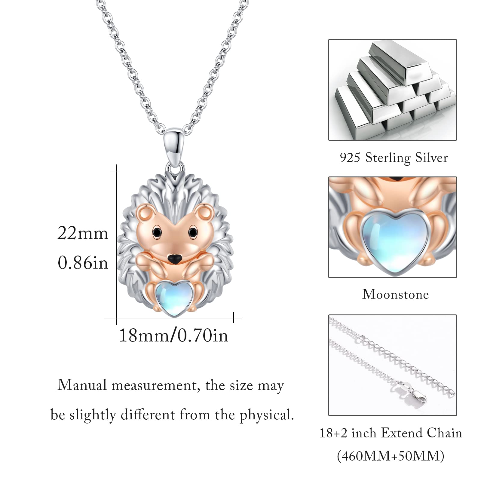 CUOKA MIRACLE Hedgehog Necklace 925 Sterling Silver Cute Hedgehog Pendant Animal Necklace Moonstone Hedgehog Birthday Mother`s day Gift for Women Hedgehog Lovers