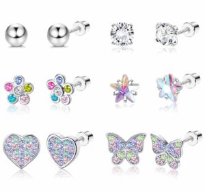 jstyle 6 pairs hypoallergenic screw back earrings for women 316l stainless steel stud screwback earrings cute tiny pearl heart flower cz stud earrings set multicolored tone