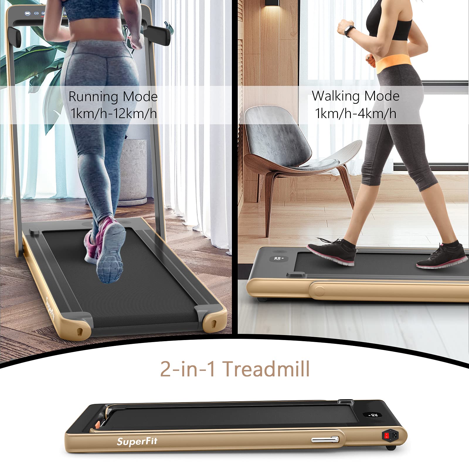 SPORFIT 2 in 1 Folding Treadmill, Portable Walking Pad Superfit Treadmill Under Desk w/Dual Digital Display, Bluetooth Speaker & Remote Control, Electric Walking Jogging Machine for Home/Office Use