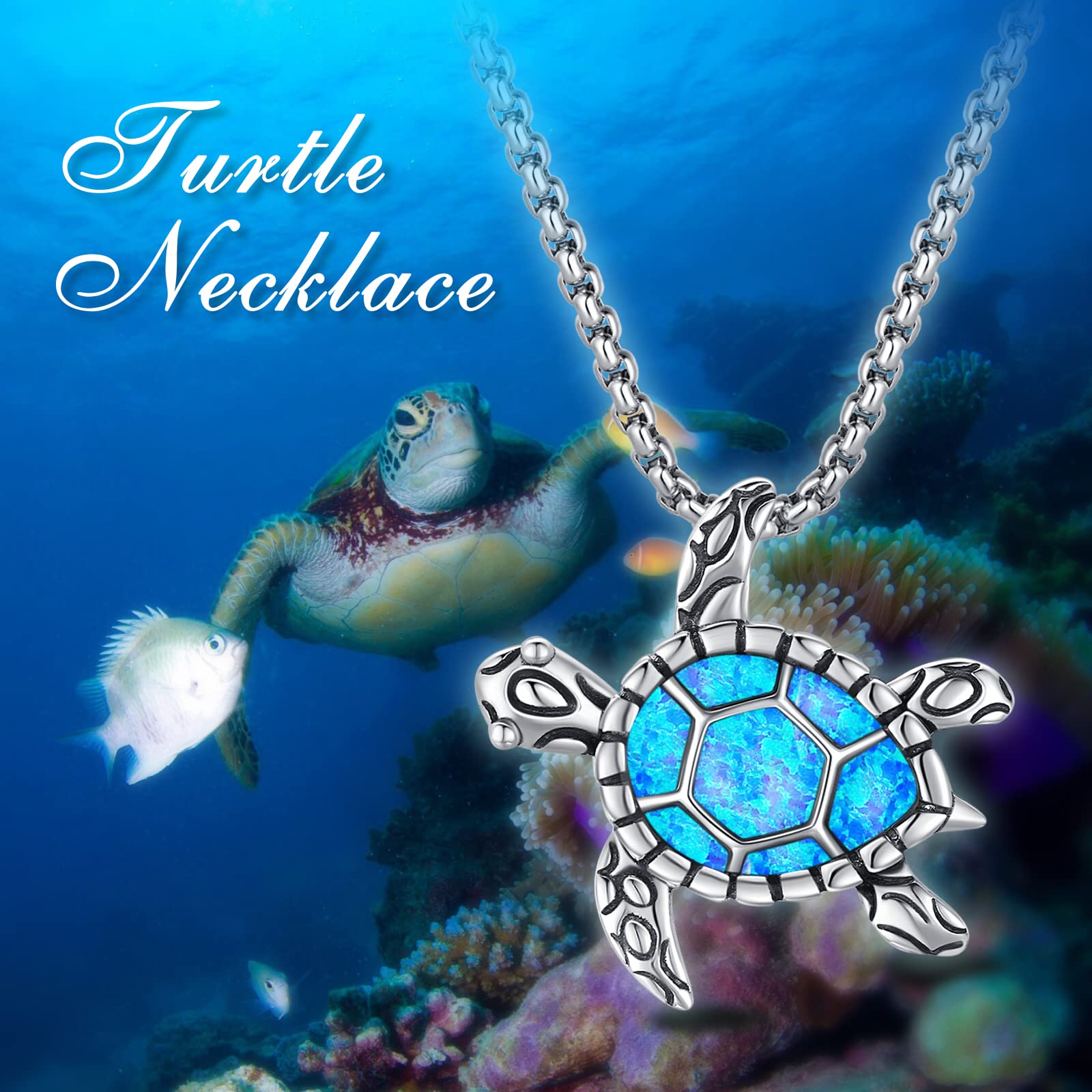 LOOVE Animal Necklace 925 Sterling Silver Turtle Necklace for Women Blue Opal Sea Turtle Pendant Cute Turtle Jewelry