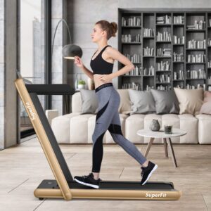 SPORFIT 2 in 1 Folding Treadmill, Portable Walking Pad Superfit Treadmill Under Desk w/Dual Digital Display, Bluetooth Speaker & Remote Control, Electric Walking Jogging Machine for Home/Office Use