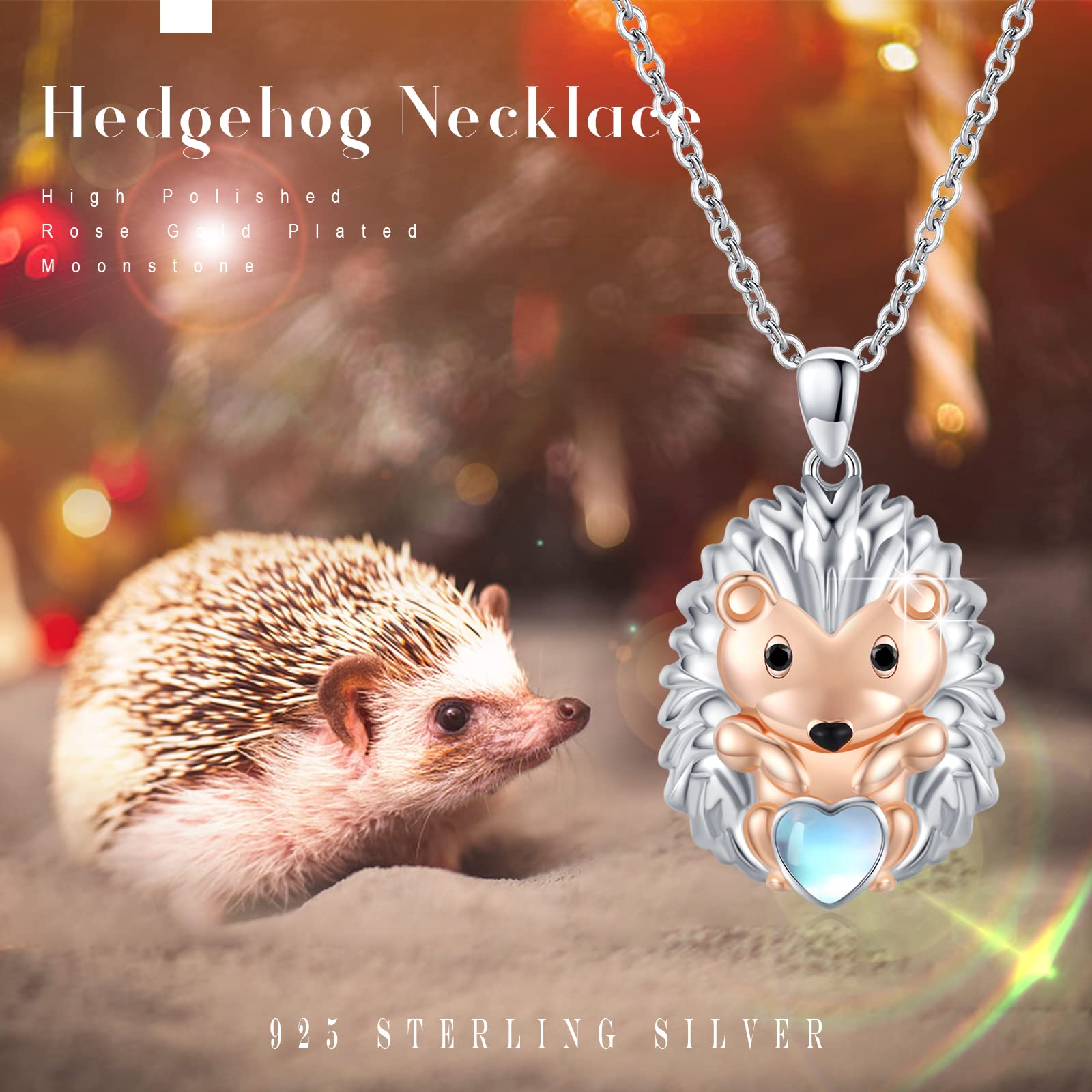 CUOKA MIRACLE Hedgehog Necklace 925 Sterling Silver Cute Hedgehog Pendant Animal Necklace Moonstone Hedgehog Birthday Mother`s day Gift for Women Hedgehog Lovers