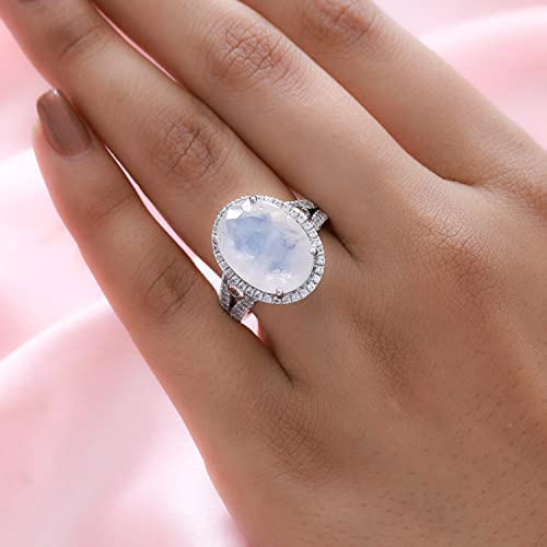 Moon Glow Moonstone White Zircon 925 Sterling Silver Platinum Plated Halo Ring for Women Jewelry Gifts Size 6 Ct 8.7