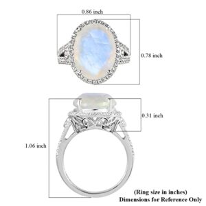 Moon Glow Moonstone White Zircon 925 Sterling Silver Platinum Plated Halo Ring for Women Jewelry Gifts Size 6 Ct 8.7