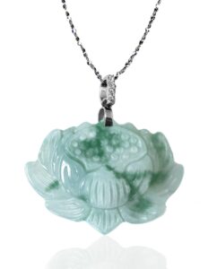 dahlia lotus jade necklace, real grade a certified burma jadeite for beauty and purity, sterling silver italy chain rhodium plated for scratch resistant and anti-tarnish, silver bale - q100