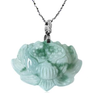 Dahlia Lotus Jade Necklace, Real Grade A Certified Burma Jadeite for Beauty and Purity, Sterling Silver Italy Chain Rhodium Plated for Scratch Resistant and Anti-Tarnish, Silver Bale - Q100