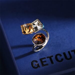 Geometric Crystal Statement Adjustable Open Ring for Women Girls Stacking Bezel Round Princess Cut Cube CZ Art Deco Finger Rings Comfort Fit Fashion Birthday Wedding Christmas Jewelry Gift Size8-10