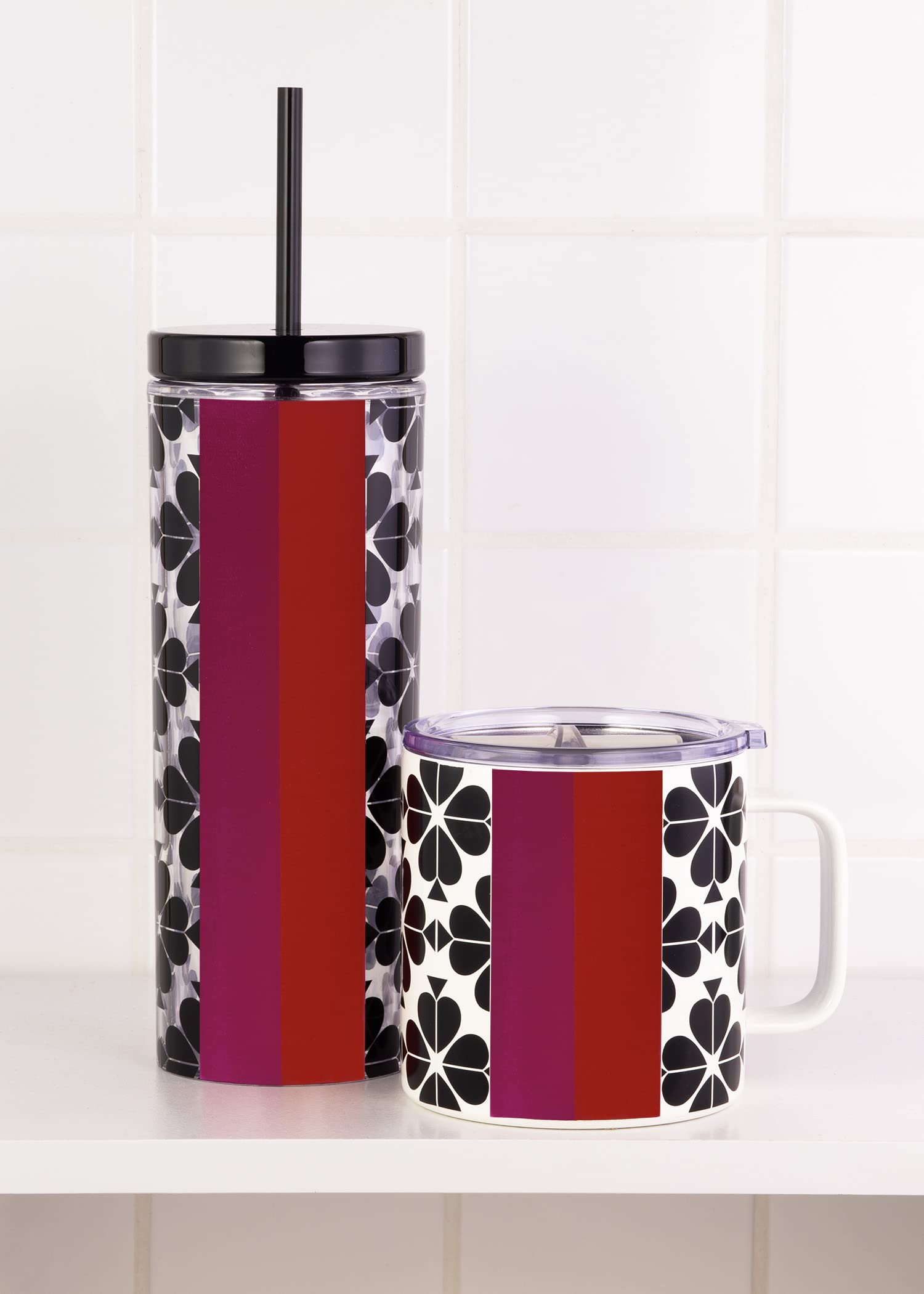 Kate Spade New York Acrylic Tumbler with Lid and Straw, 24 oz Tumbler, Slim Double Wall Tumbler, Spade Flower Stripe