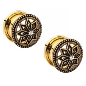 gold pvd plated antiqued finish pointed petal flower with clear cz crystals screw fit plugs, sold as a pair (8mm (0ga))