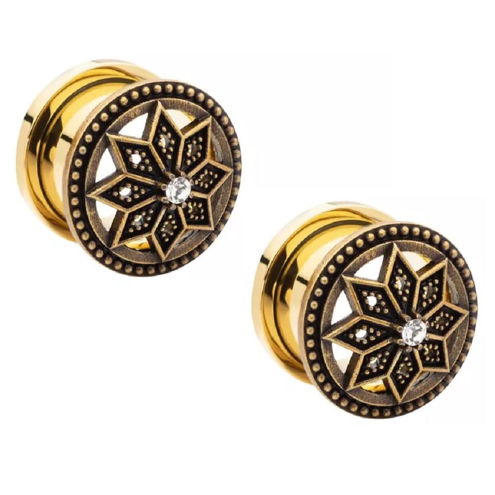 Gold PVD Plated Antiqued Finish Pointed Petal Flower with Clear CZ Crystals Screw Fit Plugs, Sold as a Pair (8mm (0GA))