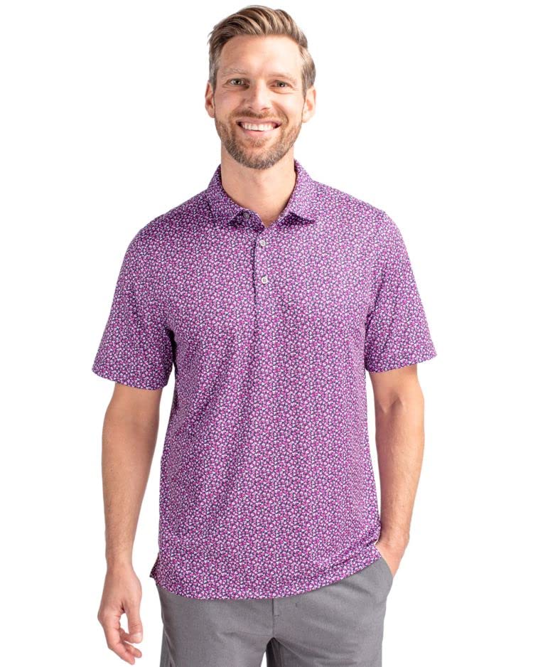 Cutter & Buck Pike Magnolia Print Stretch Men's Polo, Gelato/Navy Blue