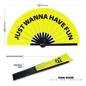 Just Wanna Have Fun hand fan foldable bamboo circuit hand fan funny gag slang words expressions statement gifts Festival accessories Rave handheld Circuit event fan Clack fans (Yellow)