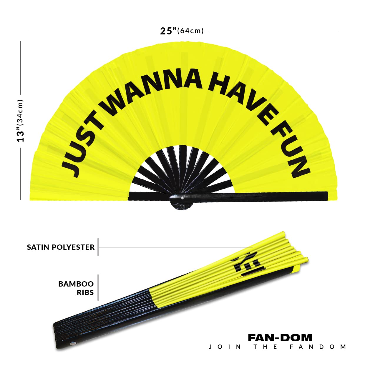 Just Wanna Have Fun hand fan foldable bamboo circuit hand fan funny gag slang words expressions statement gifts Festival accessories Rave handheld Circuit event fan Clack fans (Yellow)