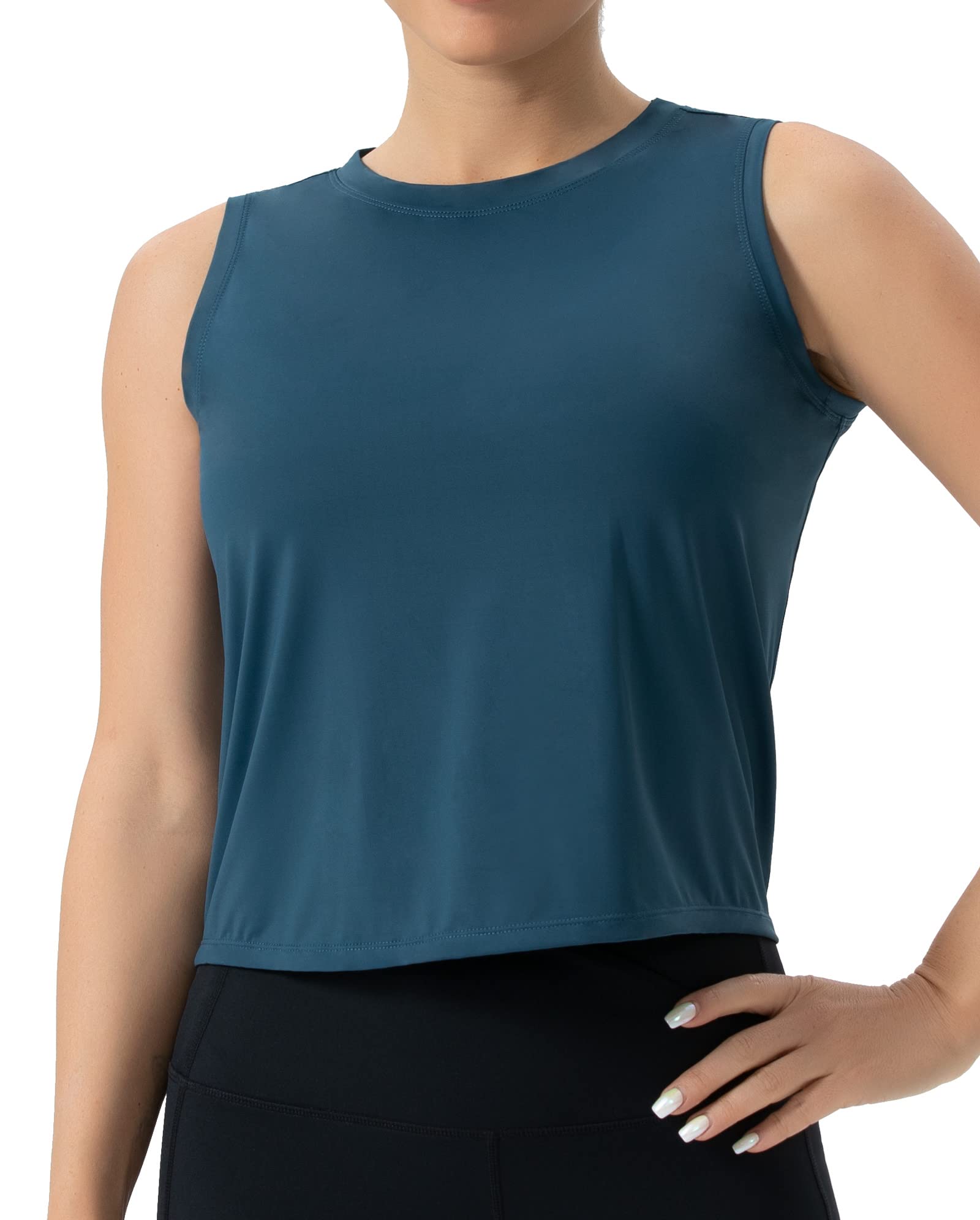 Ice Silk Workout Tops for Women Quick Dry Muscle Gym Running Shirts Sleeveless Dark Blue Green