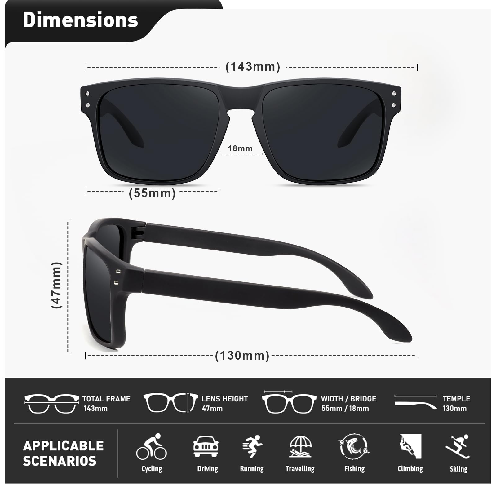 Polarized Sunglasses Men Womens - Retro Square Sun Glasses for Fishing Driving UV Protection (Black)