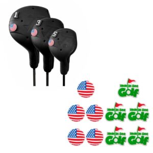 franktech golf club covers 3pcs and 10pcs usa flag pins, plastic golf head covers for driver fairway woods hybrid, driver headcover fit all right-handed golf clubs, easy on off, washable, funny