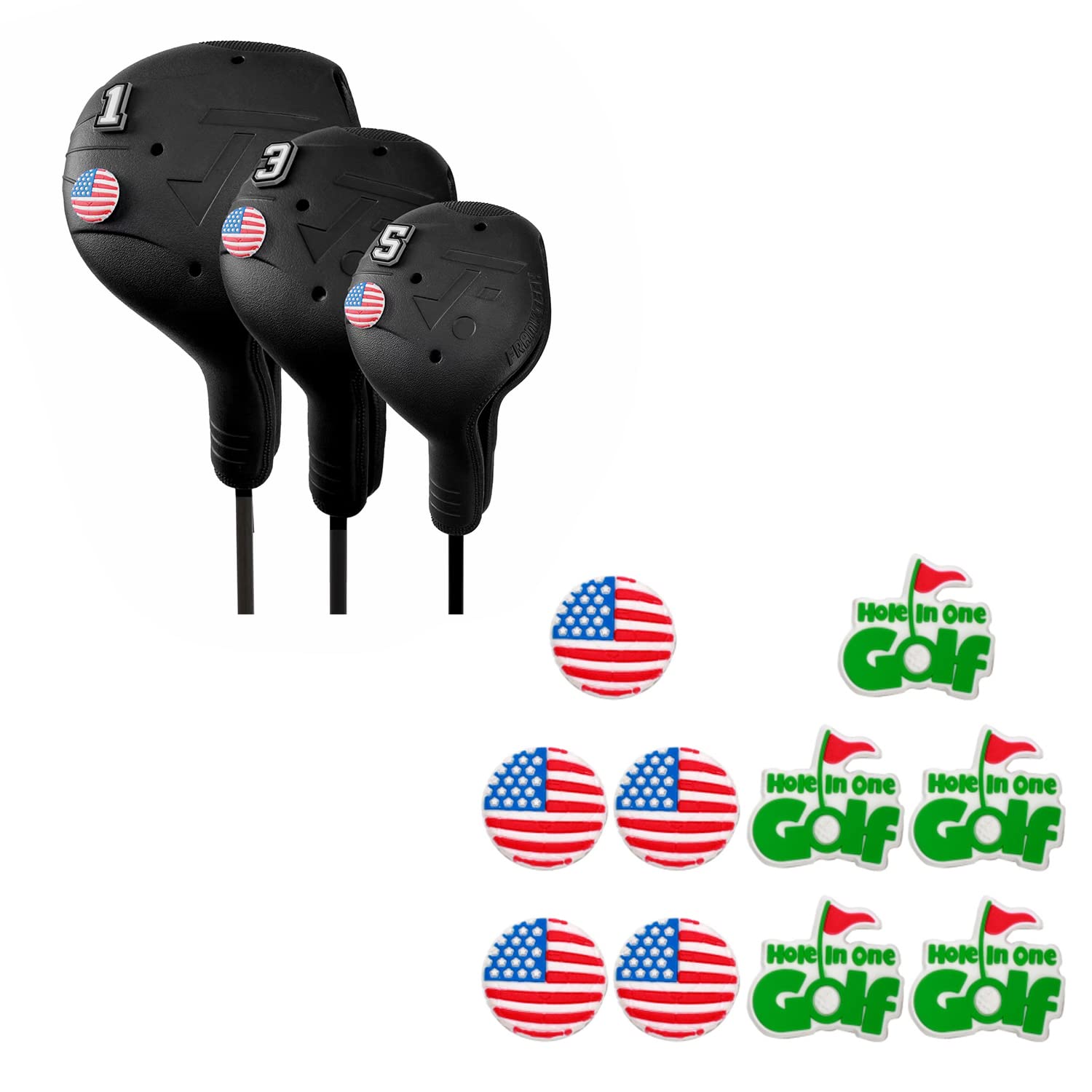 FRANKTECH Golf Club Covers 3pcs and 10pcs USA Flag Pins, Plastic Golf Head Covers for Driver Fairway Woods Hybrid, Driver Headcover Fit All Right-Handed Golf Clubs, Easy On Off, Washable, Funny