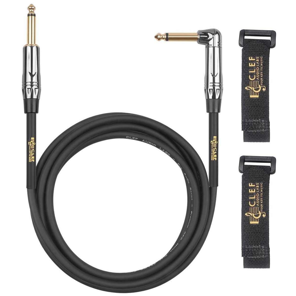 Clef Audio Labs Instrument Guitar Cable, 6ft - 1/4 inch TS Straight to Right Angle Electric bass Guitar AMP Cord, 22AWG, Black-Chrome Zinc Alloy Shell, PVC Jacket