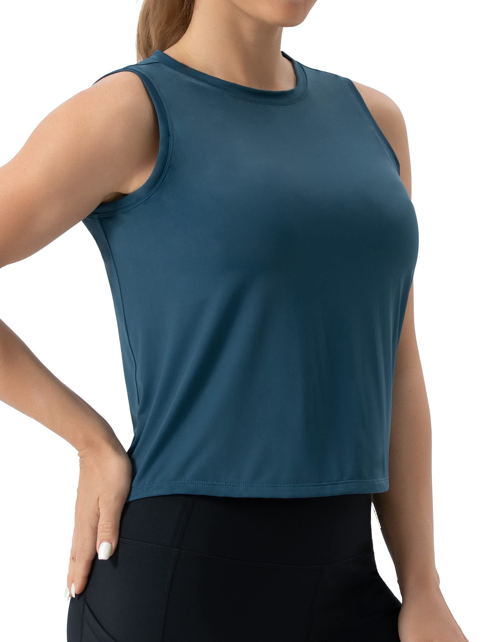 Ice Silk Workout Tops for Women Quick Dry Muscle Gym Running Shirts Sleeveless Dark Blue Green