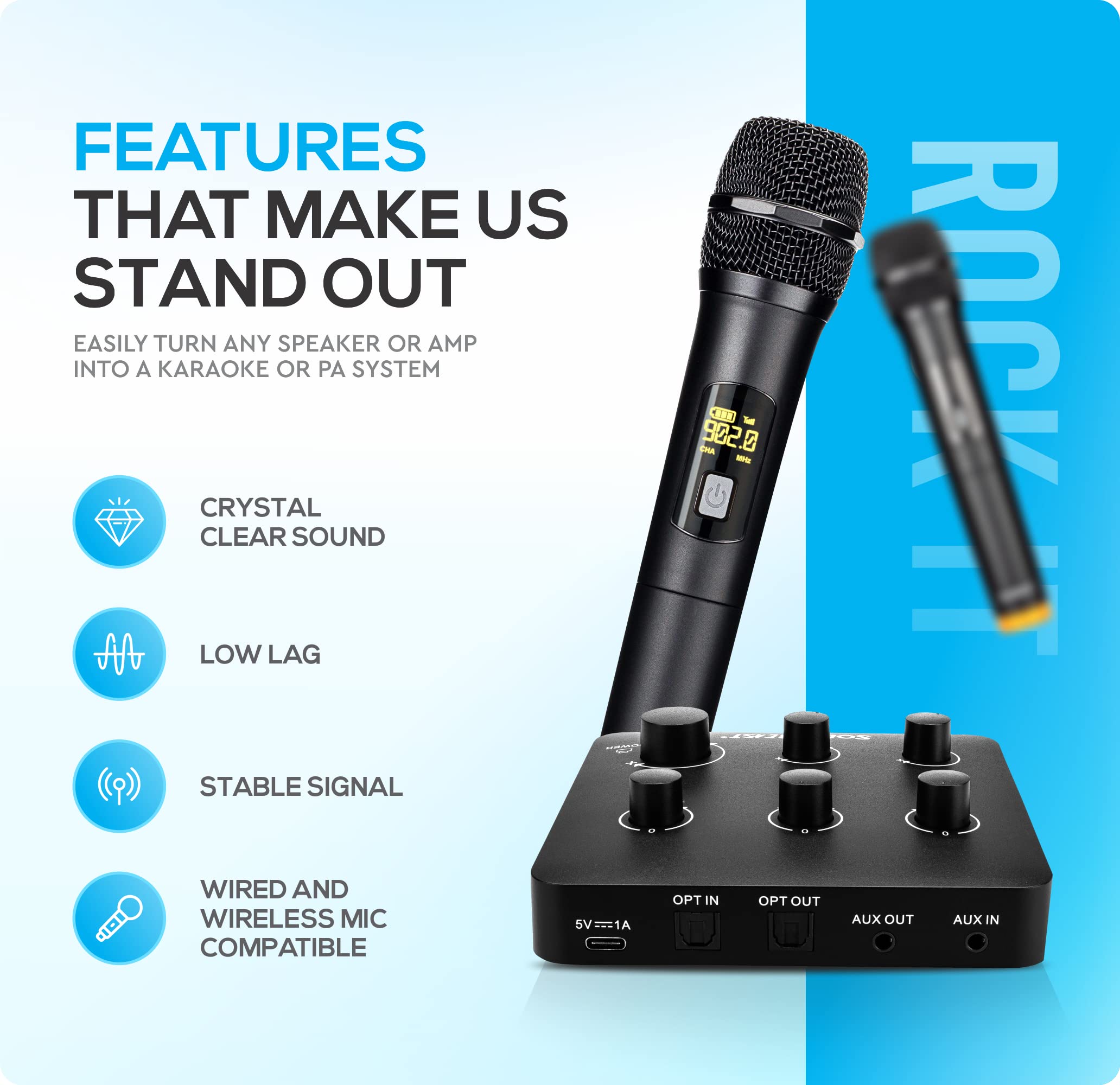 SoundBeast Wireless Karaoke & PA Mixer System - Includes 2 Wireless Microphones & 1 Mini Mixer - Bluetooth, Aux, Optical Input - Optical & Aux Output