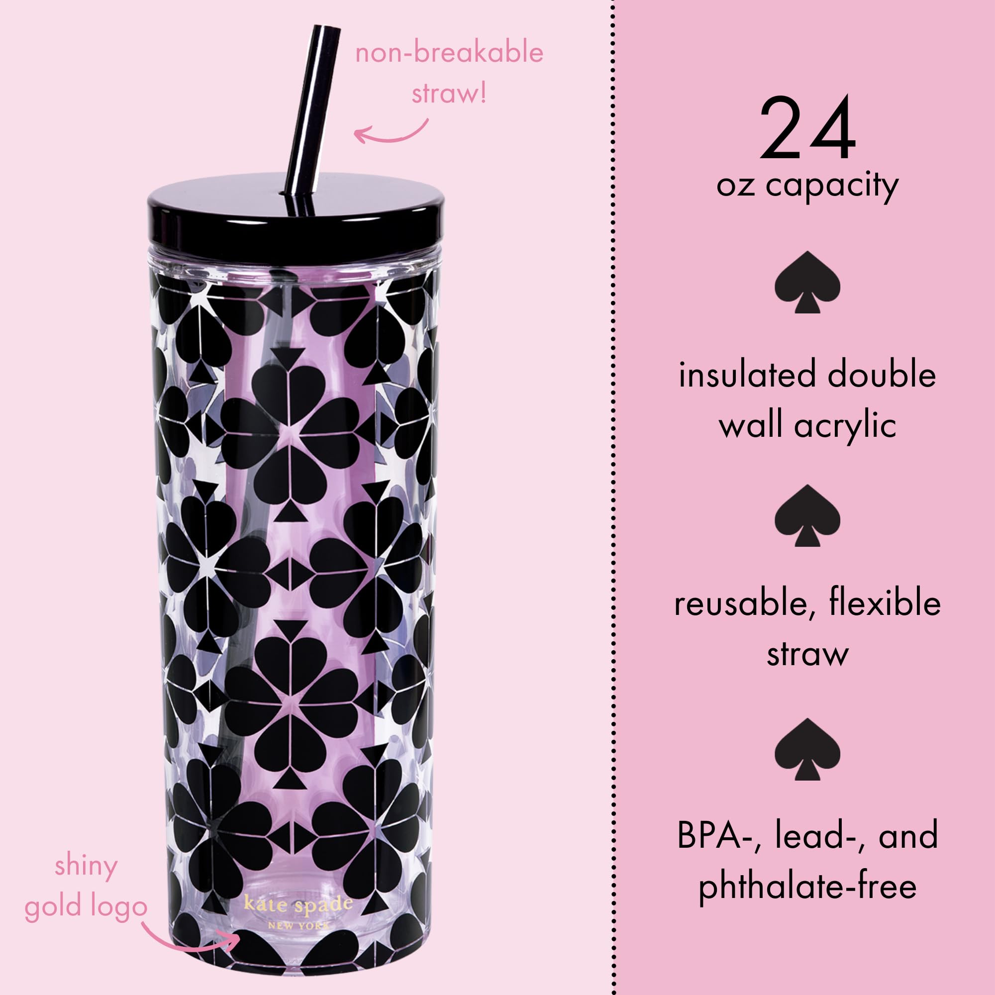 Kate Spade New York Acrylic Tumbler with Lid and Straw, 24 oz Tumbler, Slim Double Wall Tumbler, Spade Flower Stripe