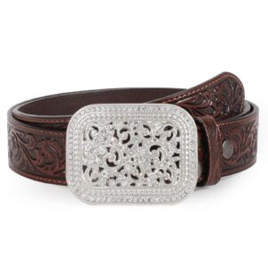 wowogo women men western genuine leather belt cowgirl cowboy floral engraved tooled belt strap embossed scrollwork buckle