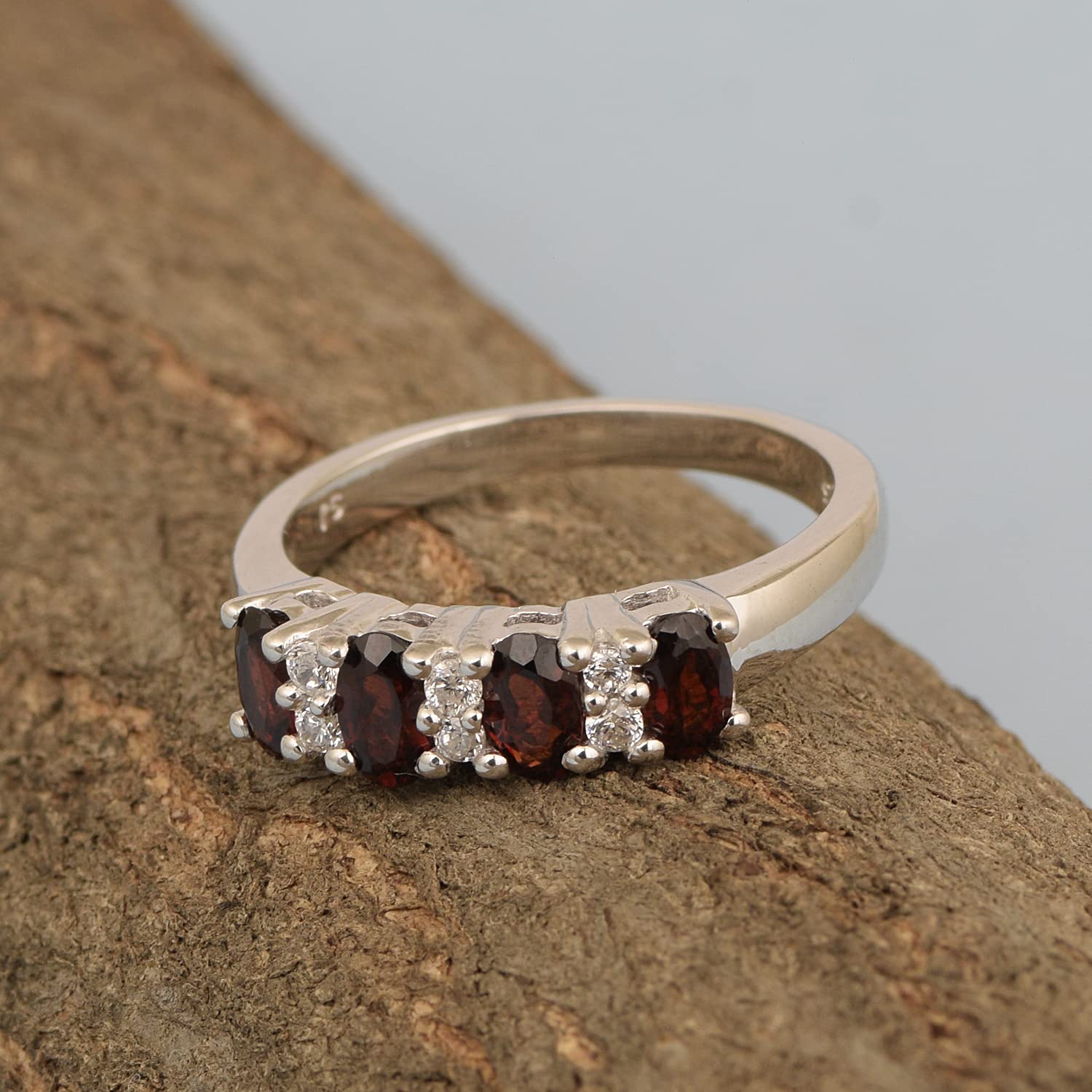 925 Sterling Silver Natural Garnet and White Topaz Women Wedding Ring 1.05 Ctw, Oval 5X3MM, Gemstone Birthstone Size_7