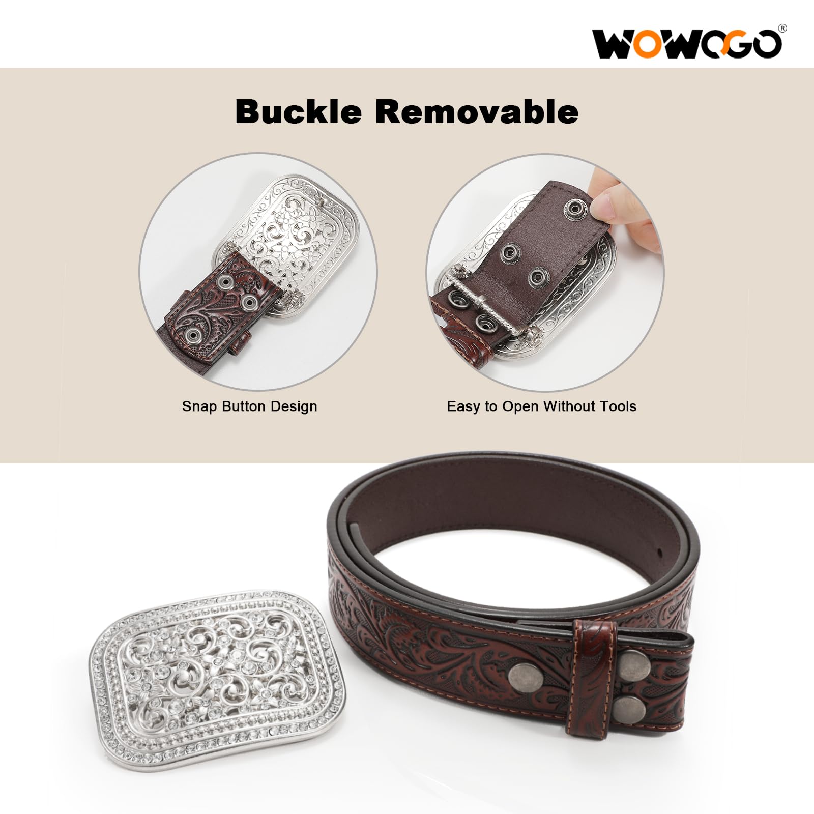 WOWOGO Women Men Western Genuine Leather Belt Cowgirl Cowboy Floral Engraved Tooled Belt Strap Embossed Scrollwork Buckle