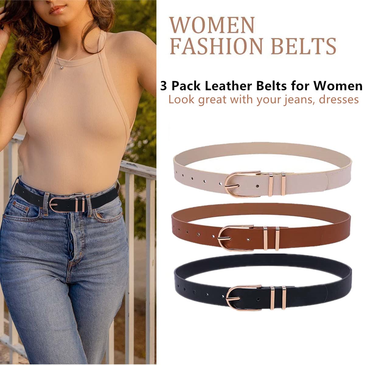 STRSTAR 3 Pack Women's Leather Belts for Jeans Pants Dresses Faux Leather Belt with Fashion Gold Buckle