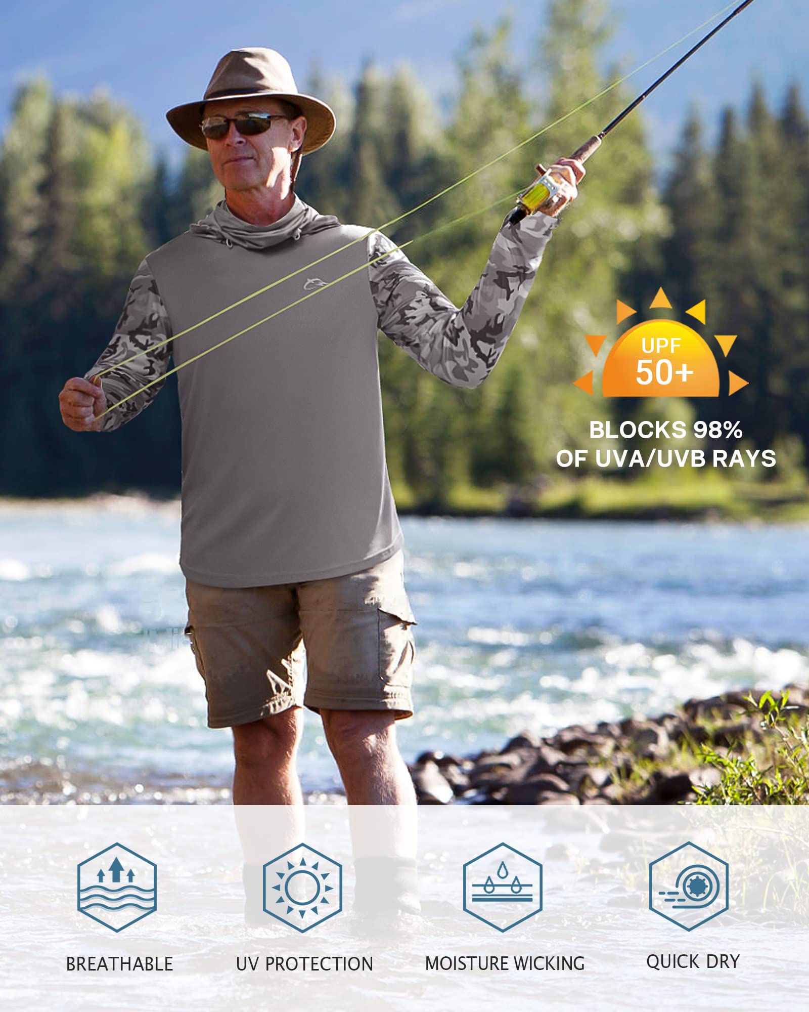 FISHEAL Mens SPF 50+ Fishing Hoodie Shirts - Long Sleeve Sun Protection Sweatshirts with Face Mask for Outdoor Running Wortout Hiking