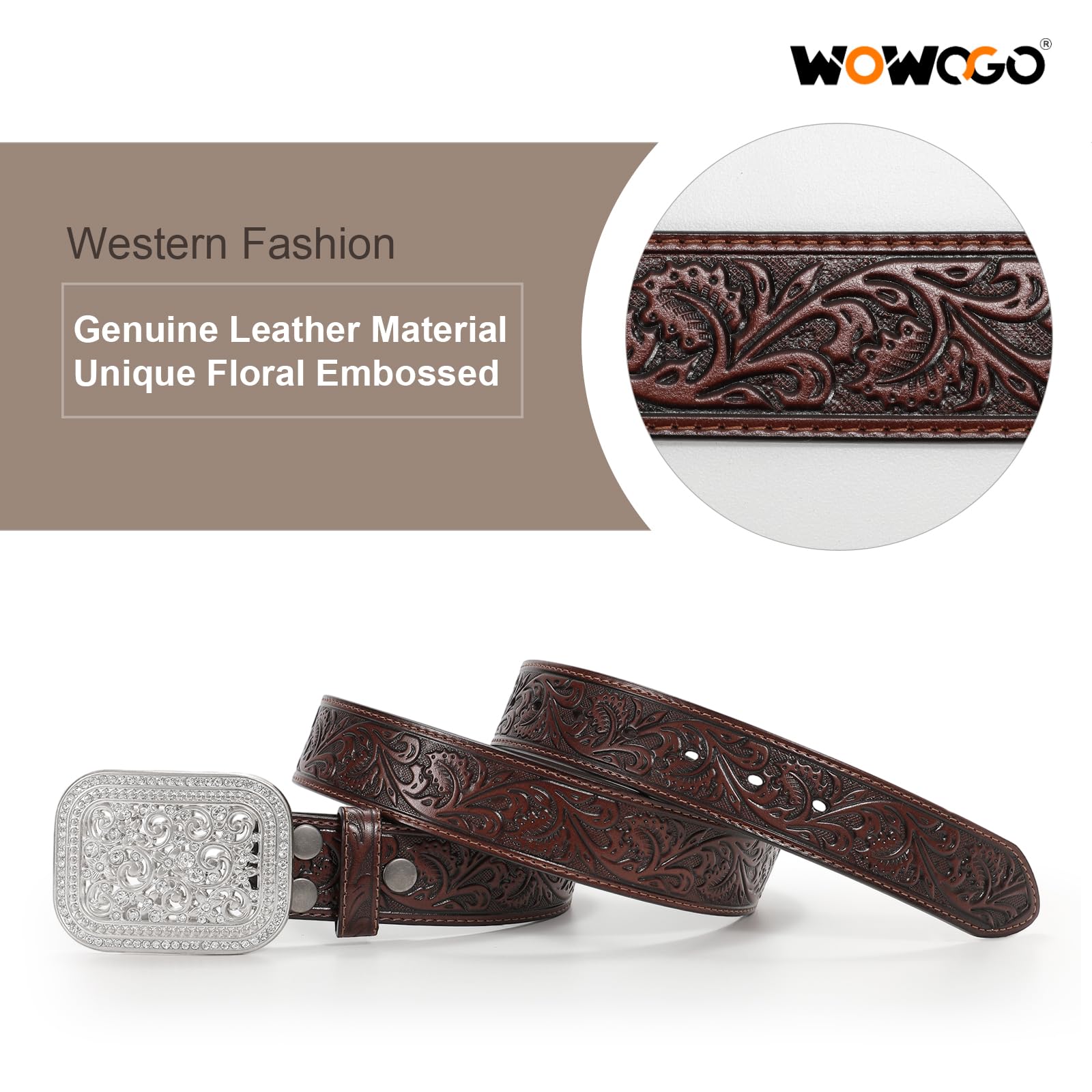 WOWOGO Women Men Western Genuine Leather Belt Cowgirl Cowboy Floral Engraved Tooled Belt Strap Embossed Scrollwork Buckle