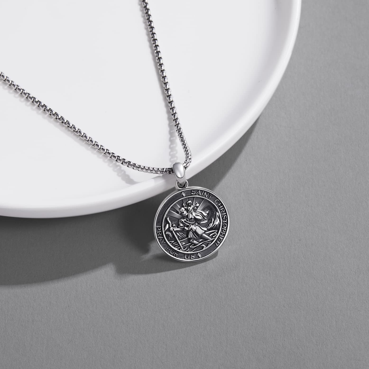 DOTBJ St Christopher Round Medal Necklace, 925 Sterling Silver Saint Christopher Pendant with Stainless Steel Chain 22"+2"