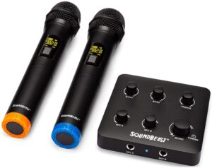 soundbeast wireless karaoke & pa mixer system - includes 2 wireless microphones & 1 mini mixer - bluetooth, aux, optical input - optical & aux output