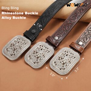 WOWOGO Women Men Western Genuine Leather Belt Cowgirl Cowboy Floral Engraved Tooled Belt Strap Embossed Scrollwork Buckle