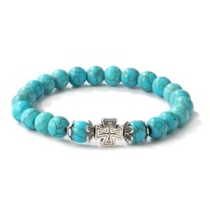 letajoy turquoise bracelet for women,healing crystal stone stretch round bead bracelets for women men jewelry (crosses)